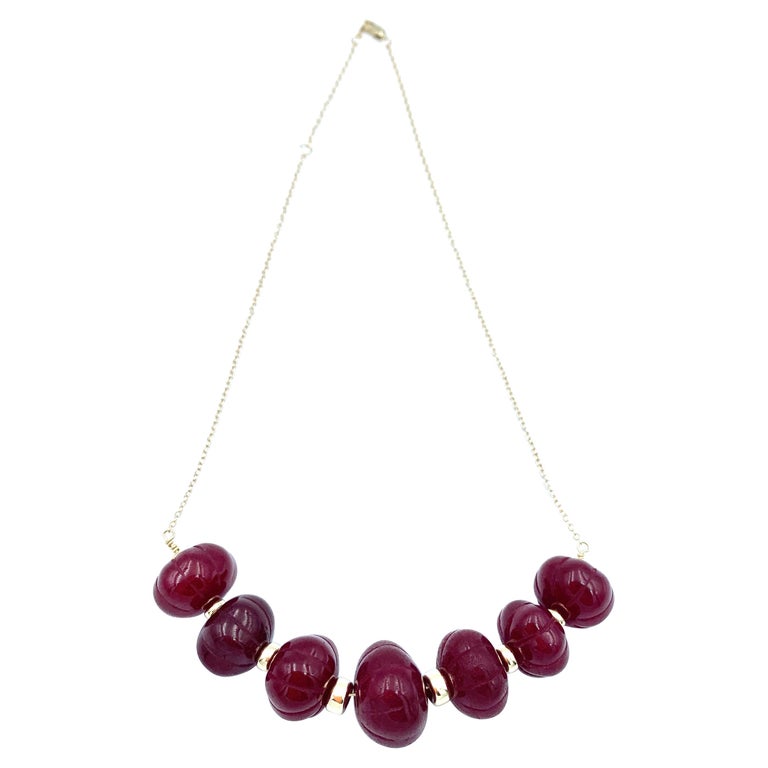 Carved Ruby Bead Graduated Sweetie Chain Necklace with Yellow Gold ...