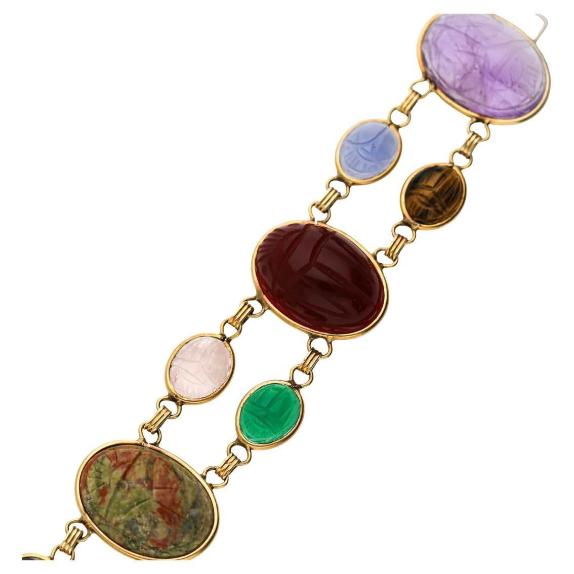 Carved Scarab Beetle 14K Gold Multicolor Hardstone Egyptian Revival ...