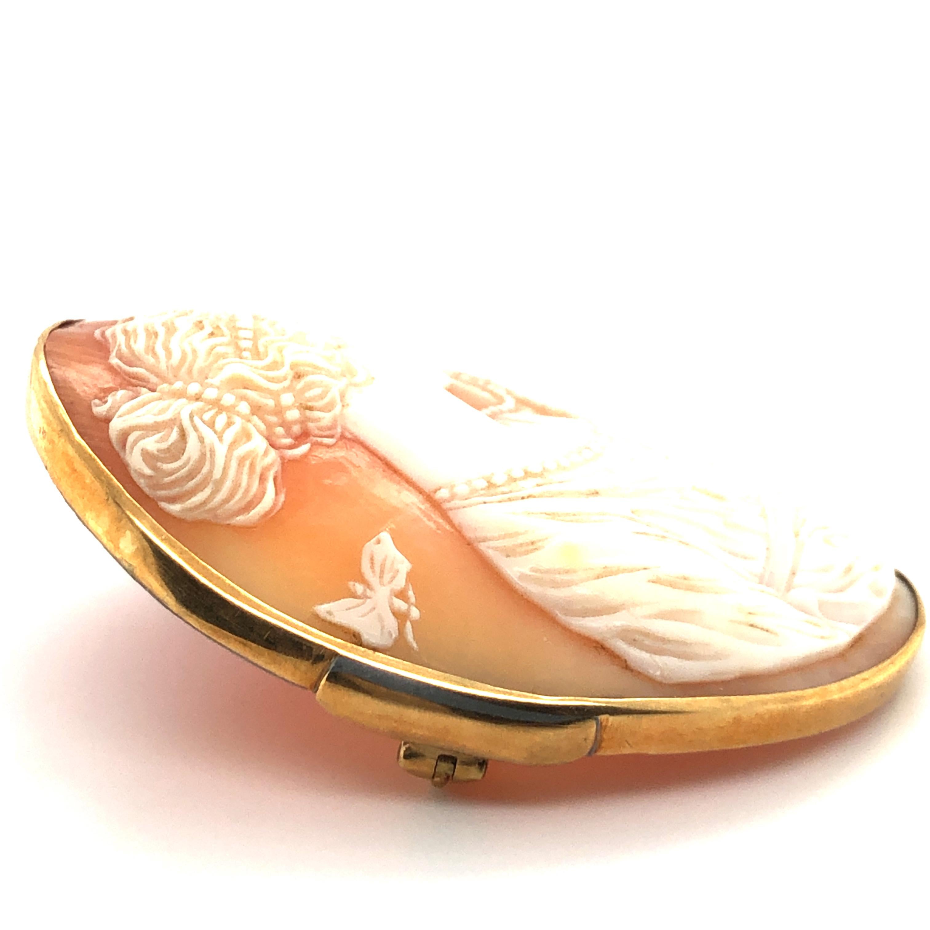 Carved Shell Cameo Brooch with Frame in 18 Karat Yellow Gold at 1stDibs