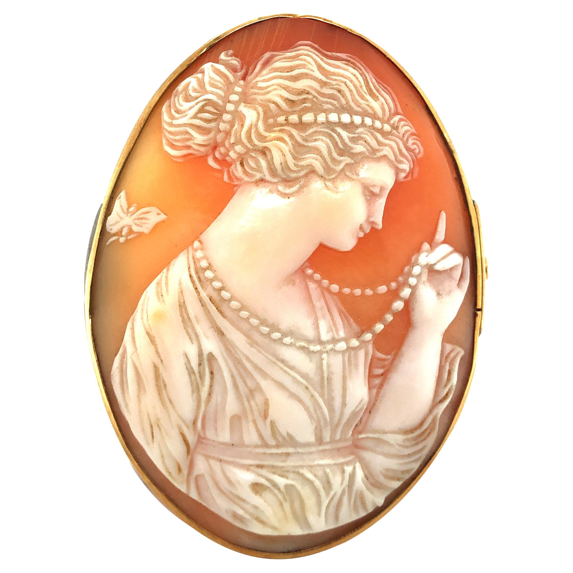 Carved Shell Cameo Brooch with Frame in 18 Karat Yellow Gold at 1stDibs