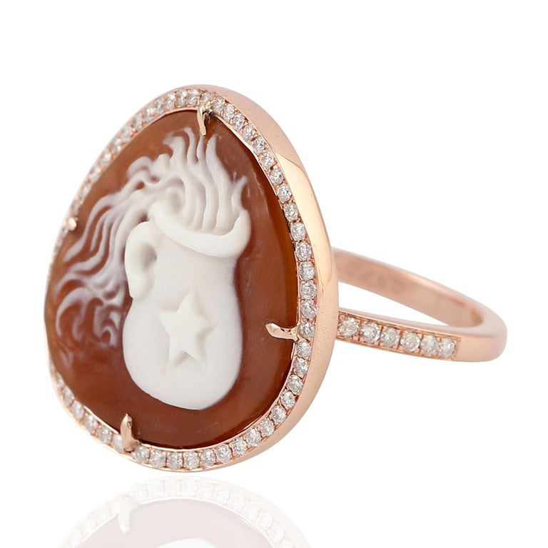 Carved Shell Cameos Ring with Pave Diamond Set Made in 18k Rose Gold ...