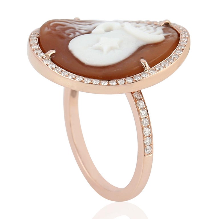 Carved Shell Cameos Ring with Pave Diamond Set Made in 18k Rose Gold ...