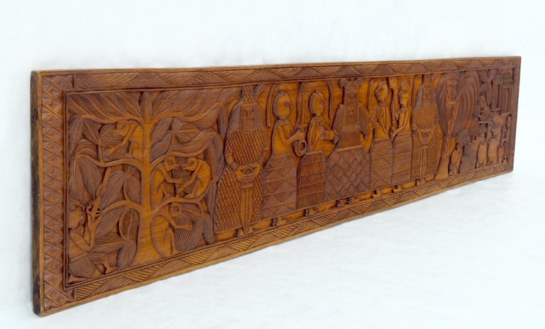 Carved Solid Teak Long Rectangle Wall Plaque Relief Sculpture Depicting ...