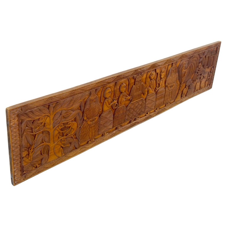 Carved Solid Teak Long Rectangle Wall Plaque Relief Sculpture Depicting ...