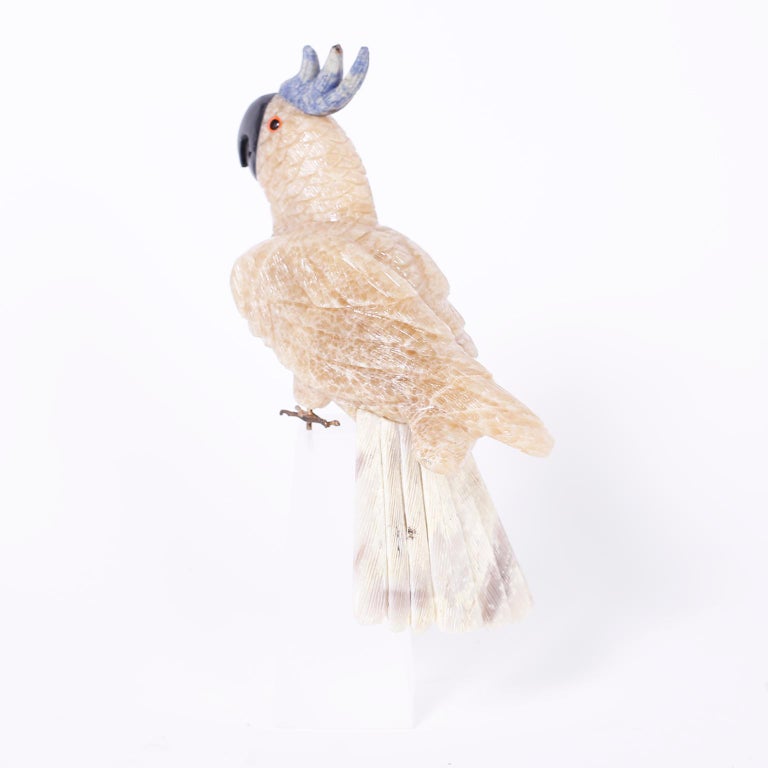 Carved Stone Parrot on a Frosted Lucite Base For Sale at 1stDibs