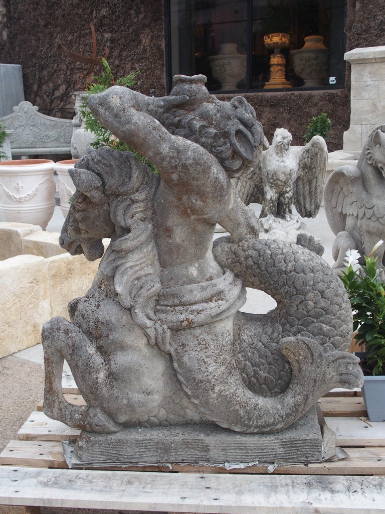 Carved Stone Sculpture or Fountain Element of Triton and Seahorse at ...