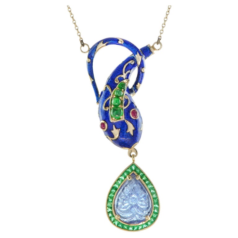 Carved Tanzanite Emerald Ruby Enamel Snake Necklace in 9k Yellow Gold ...