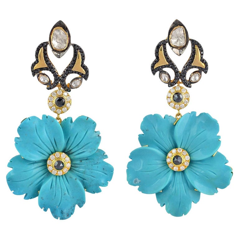Carved Turquoise Dangle Earring with Polki Diamonds Made in 18k Yellow ...