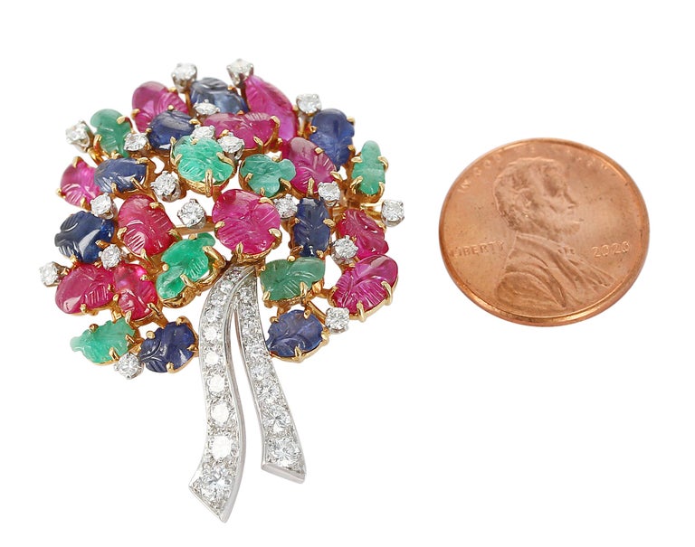 Carved Tutti Frutti Brooch with Ruby, Sapphire, Emerald, Diamond, 18K ...
