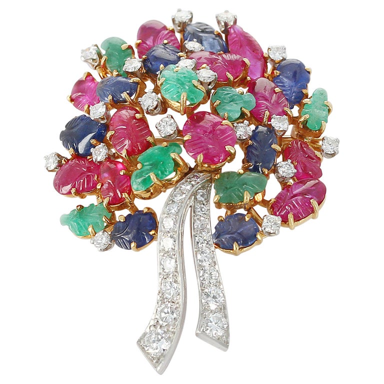 Carved Tutti Frutti Brooch with Ruby, Sapphire, Emerald, Diamond, 18K ...