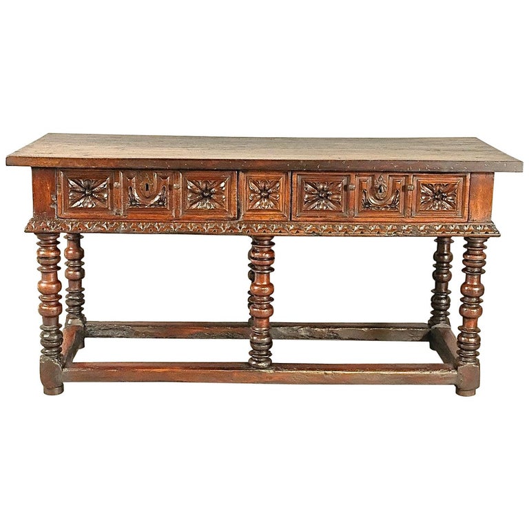 Carved Two-Drawer Baroque Spanish Library Table, Cherry and Chestnut ...