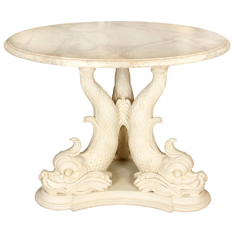 Carved White Painted Dolphin Base Center Table with Faux Marble Top For ...