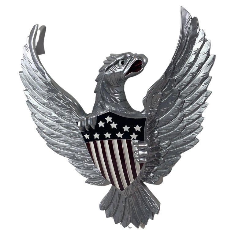 Carved Wood American Eagle with Silver Finish For Sale at 1stDibs