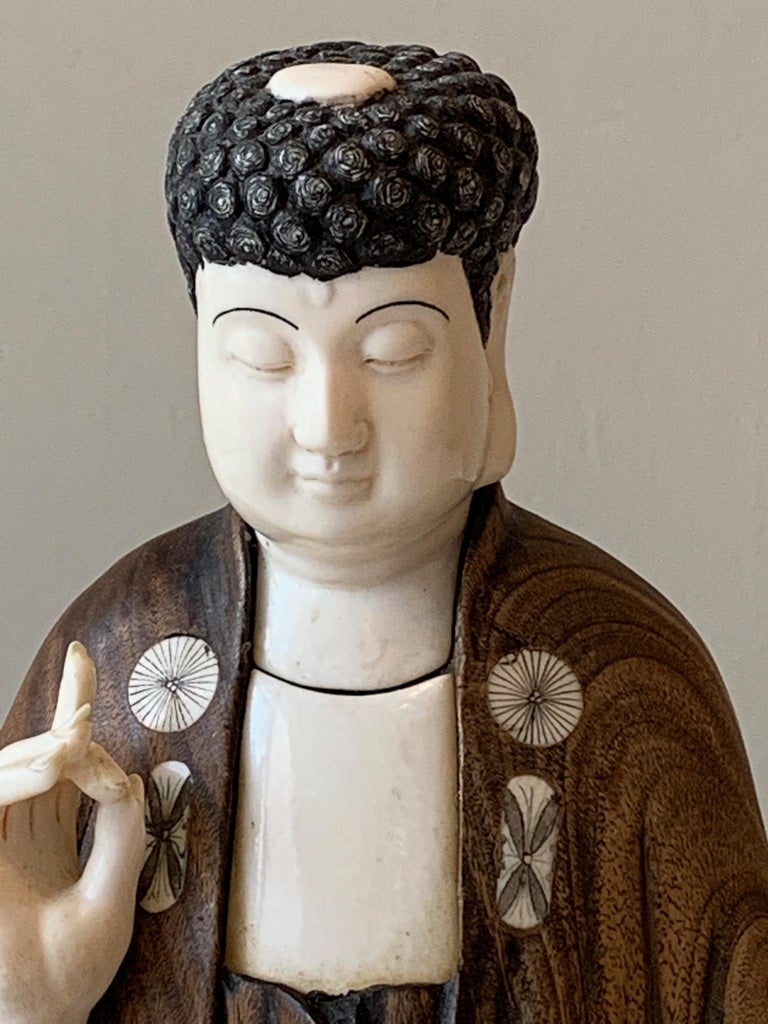 Carved Wood and Bone Standing Buddha For Sale at 1stDibs