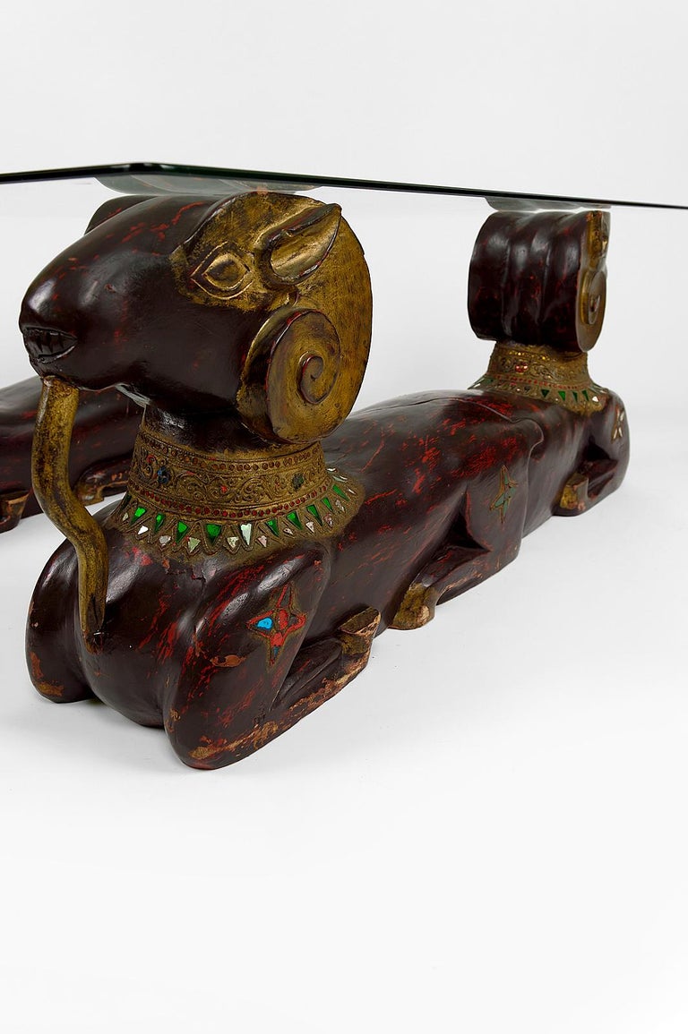 Carved Wood Double Rams Head Coffee Table, Hollywood Regency, circa ...