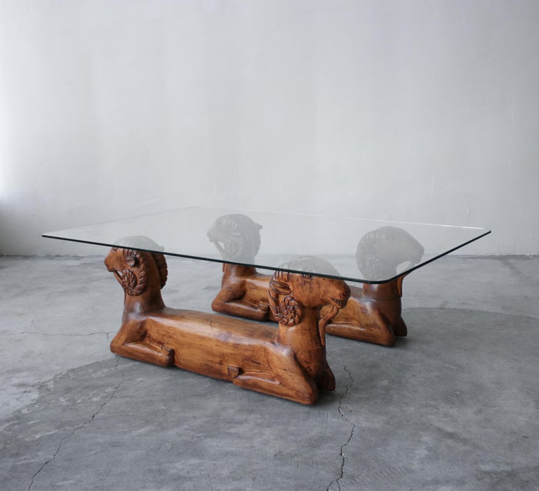 Carved Wood Double Rams Head Coffee Table For Sale at 1stDibs