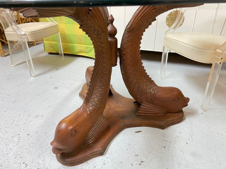 Carved Wood Koi Fish Pedestal Dining Table For Sale at 1stDibs
