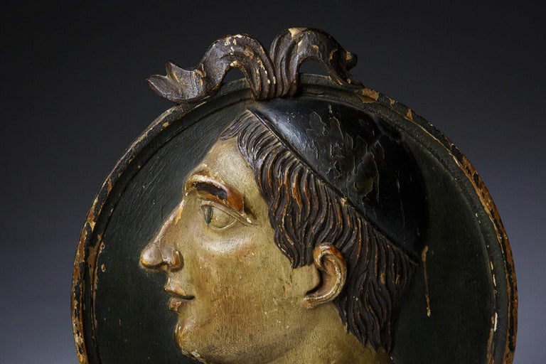 Carved Wood Relief Portrait Polychromed Roundel of a Young Roman For ...