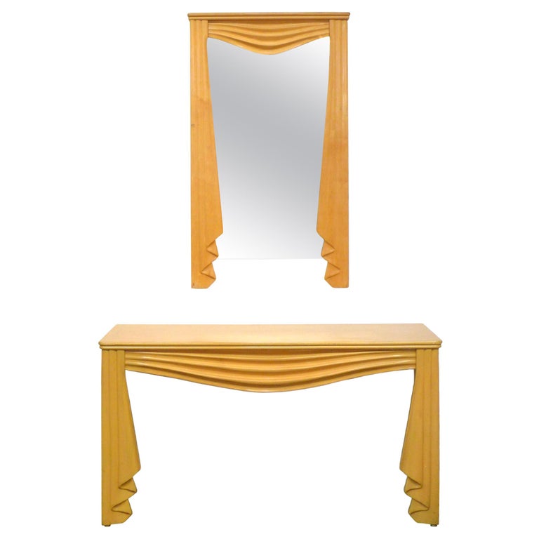 Carved Wood Surrealist "Drapery" Console and Mirror For Sale at 1stDibs
