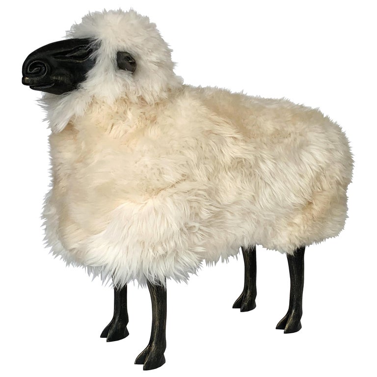 Carved Wooden Sheep in Natural Sheepskin For Sale at 1stDibs
