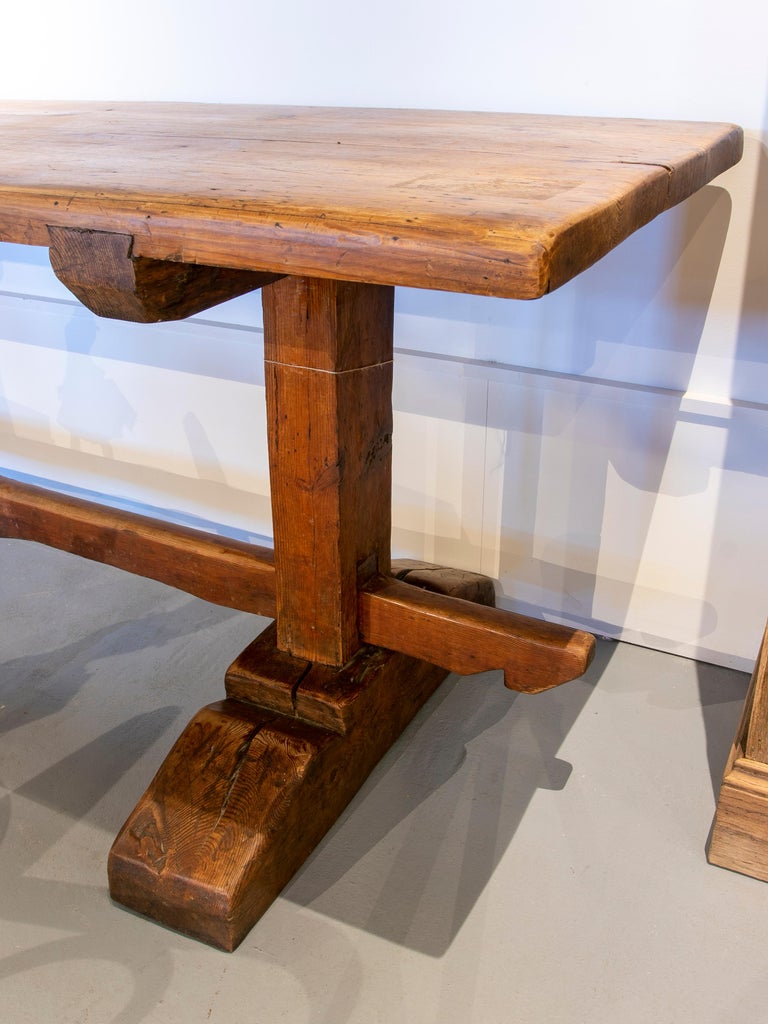 Carved Wooden Table with Crossbeam Between the Legs For Sale at 1stDibs
