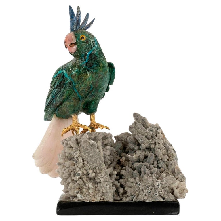 Carved Zoisite Cockatiel on Druzy Quartz Base For Sale at 1stDibs