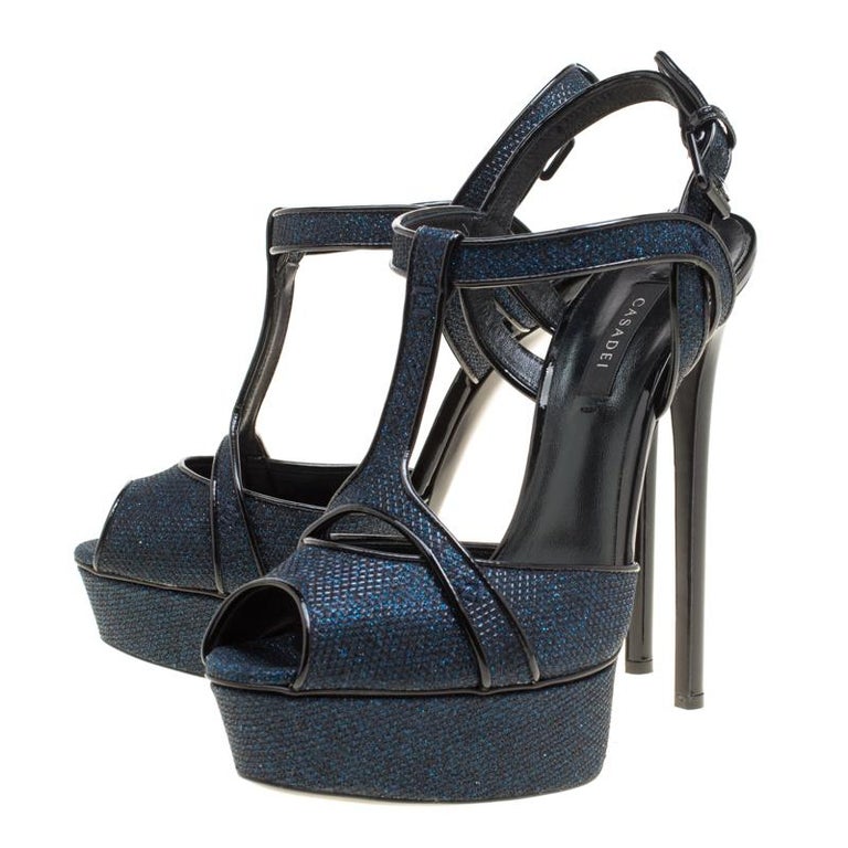 Casadei Metallic Blue Gliiter Fabric T-Strap Peep Toe Platform Sandals ...