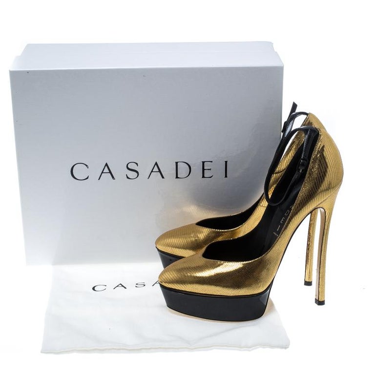 Casadei Metallic Embossed Gold Leather Ankle Strap Platform Pumps Size ...