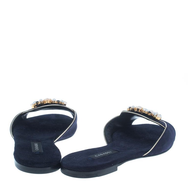 Casadei Navy Blue Suede Crystal Brooch Embellished Peep Toe Flat Slides ...