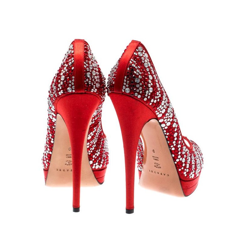 Casadei Red Satin Embellished Platform Peep Toe Pumps Size 39 For Sale ...