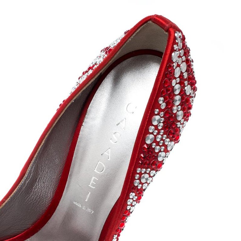 Casadei Red Satin Embellished Platform Peep Toe Pumps Size 39 For Sale ...