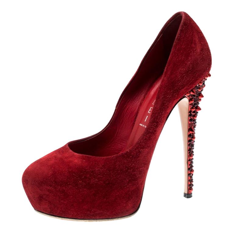 Casadei Red Suede Crystal Studded Heel Platform Pumps Size 37.5 For ...
