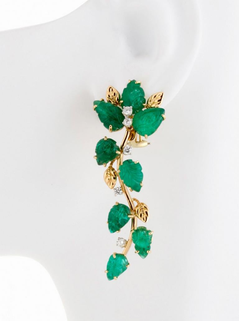 Cascade of Emerald Leaves with Diamonds 18 Karat Earrings by John ...