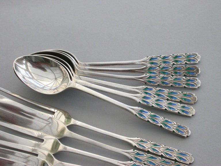 Cased Set 12 Silver and Enamel Pastry Spoons and Forks by Liberty and ...