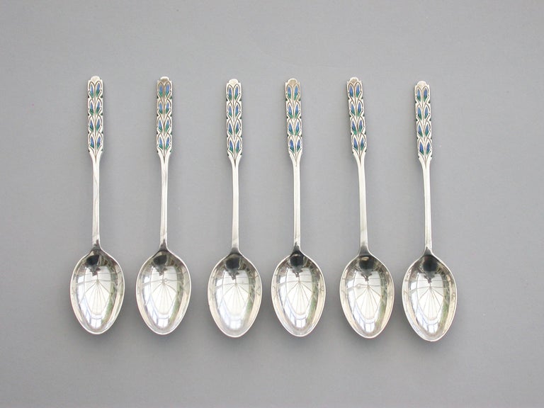 Cased Set 12 Silver and Enamel Pastry Spoons and Forks by Liberty and ...