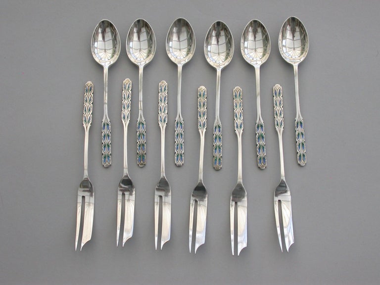 Cased Set 12 Silver and Enamel Pastry Spoons and Forks by Liberty and ...