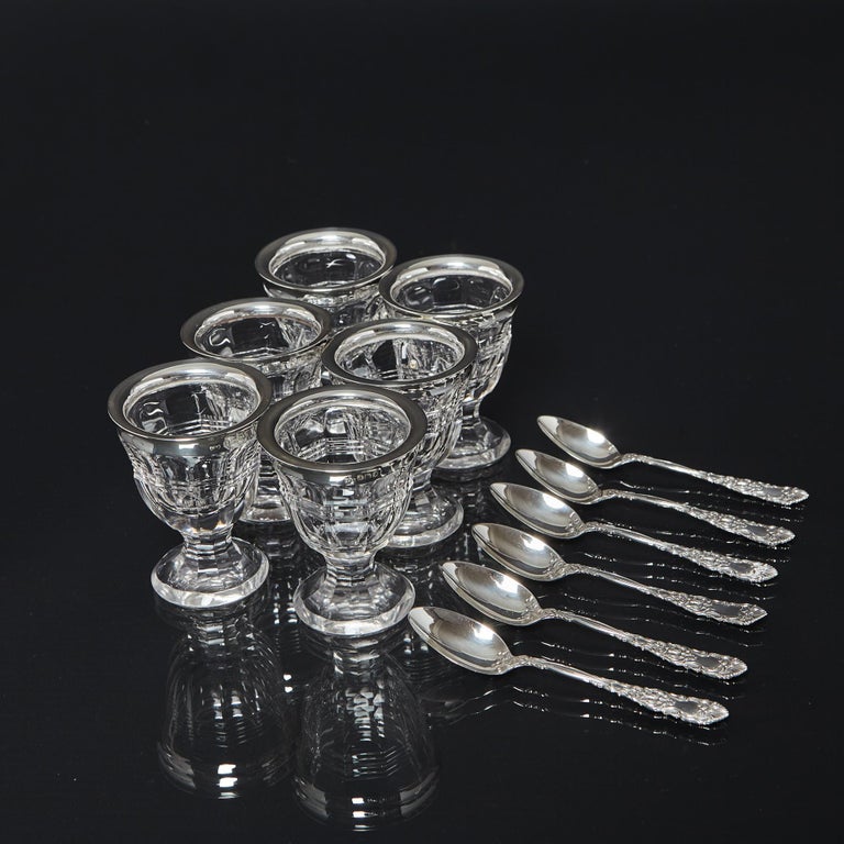Cased Set of Glass and Silver Egg Cups and Spoons For Sale at 1stDibs