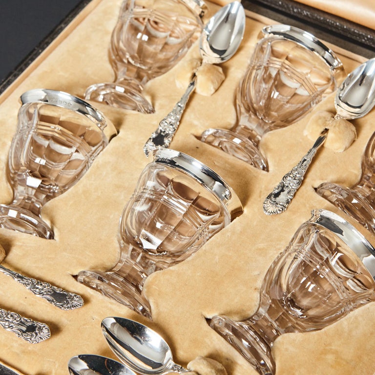 Cased Set of Glass and Silver Egg Cups and Spoons For Sale at 1stDibs