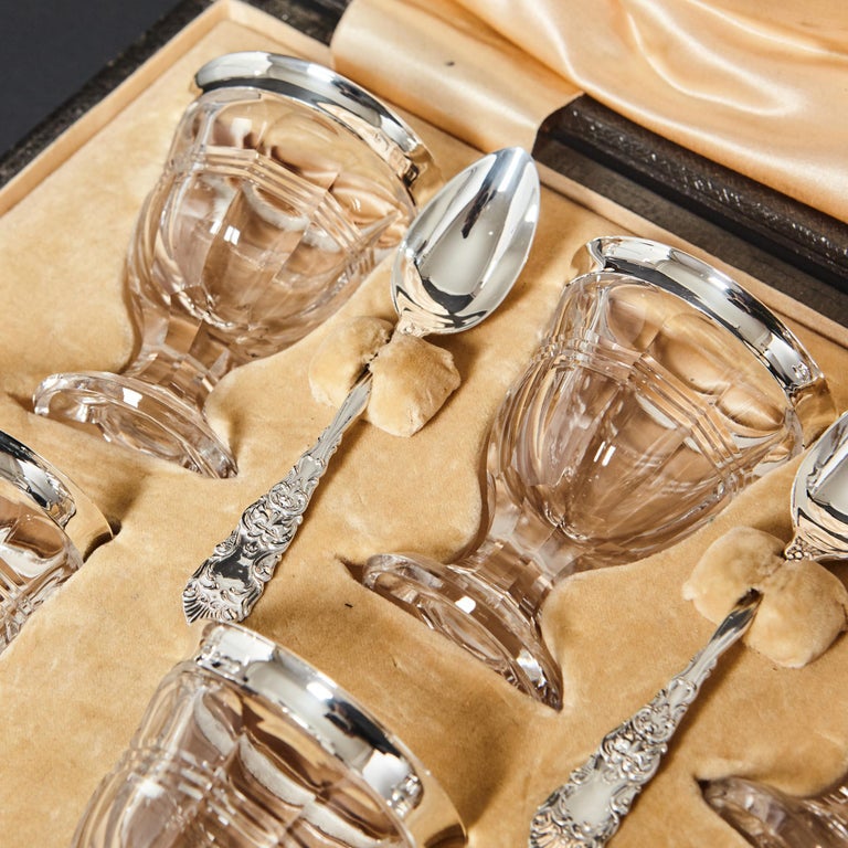 Cased Set of Glass and Silver Egg Cups and Spoons For Sale at 1stDibs