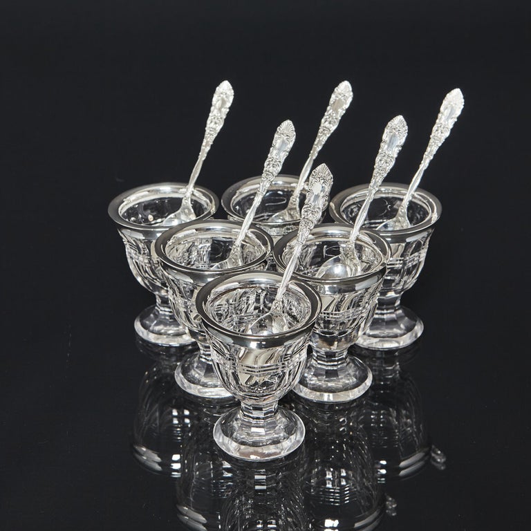 Cased Set of Glass and Silver Egg Cups and Spoons For Sale at 1stDibs