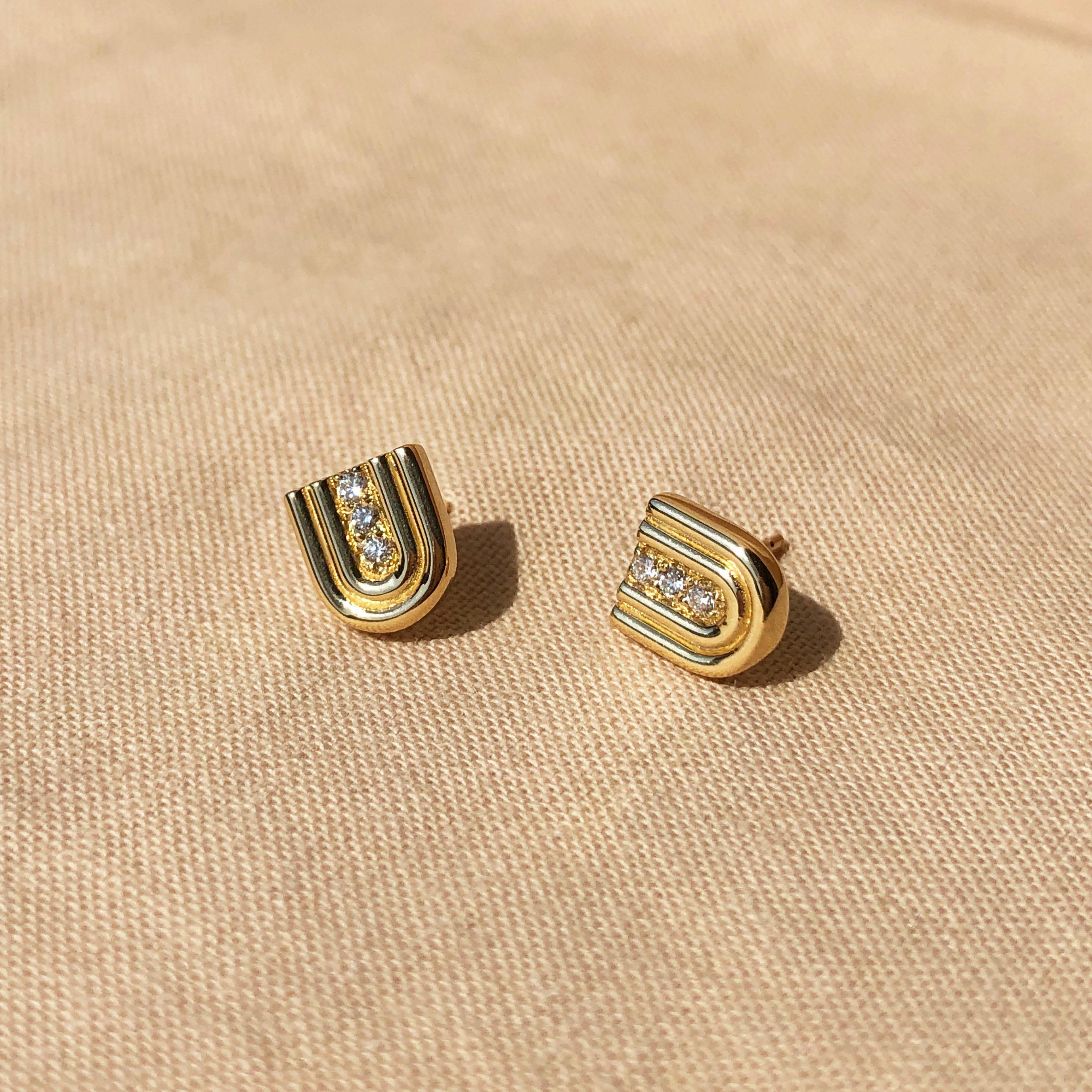 Casey Perez 14k Banded Gold Nova Studs with Diamond Pave For Sale at 1stDibs
