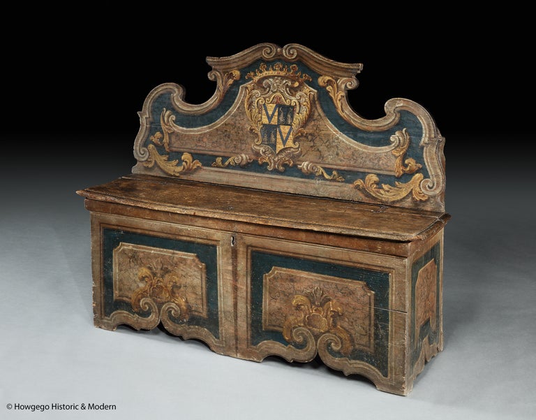 Cassapanca Chest Bench Painted Armorial Venetian Trompe-L'oeil Dolphins ...