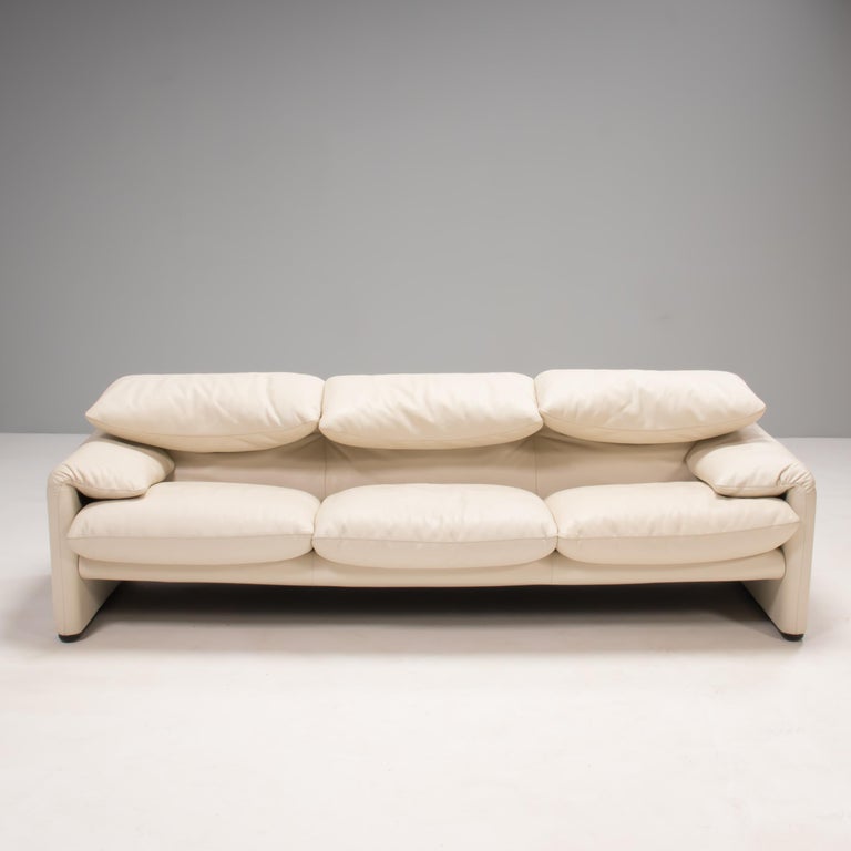 Cassina by Vico Magistretti Maralunga Cream Leather Sofa, Armchair and ...