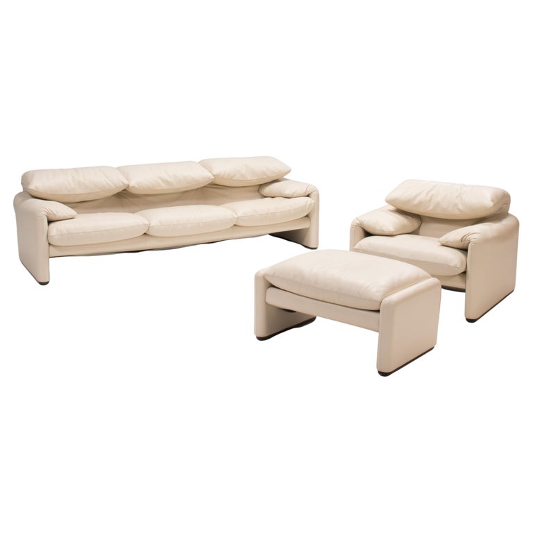 Cassina by Vico Magistretti Maralunga Cream Leather Sofa, Armchair and ...