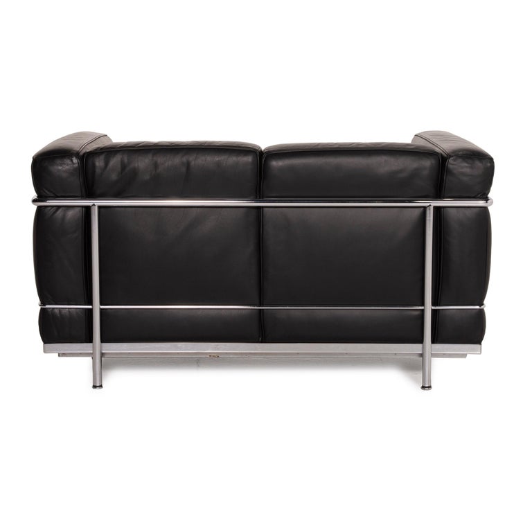 Cassina LC2 Leather Sofa Black Two-Seater Le Corbusier Chrome at 1stDibs