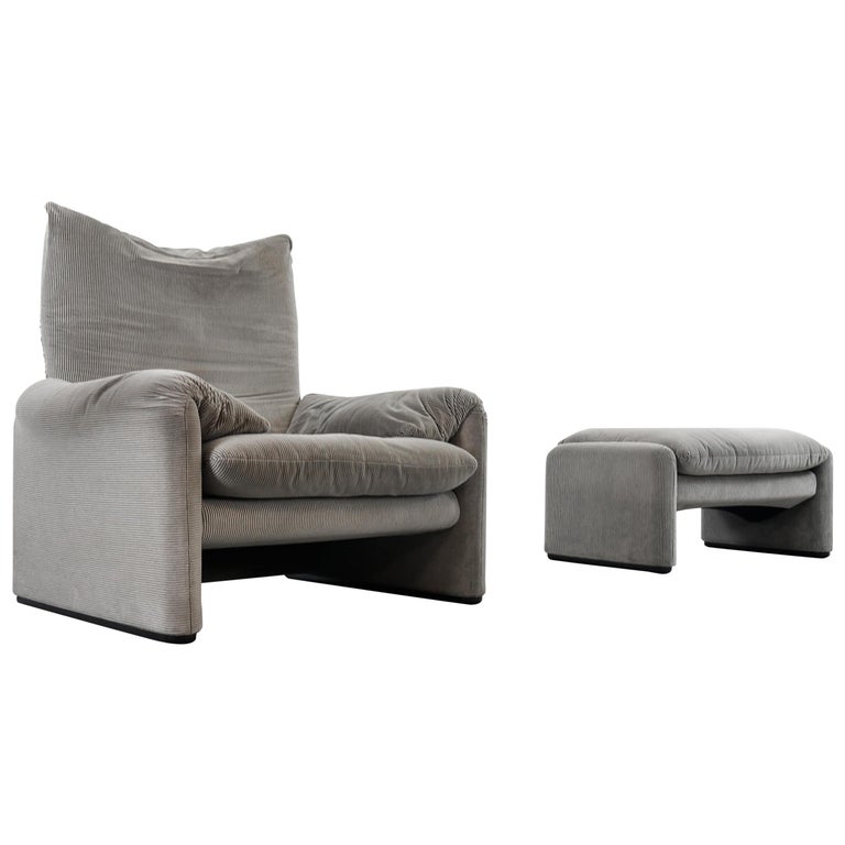 Cassina Maralunga Chair and Ottoman /Stool in Grey Striped Fabrics at ...