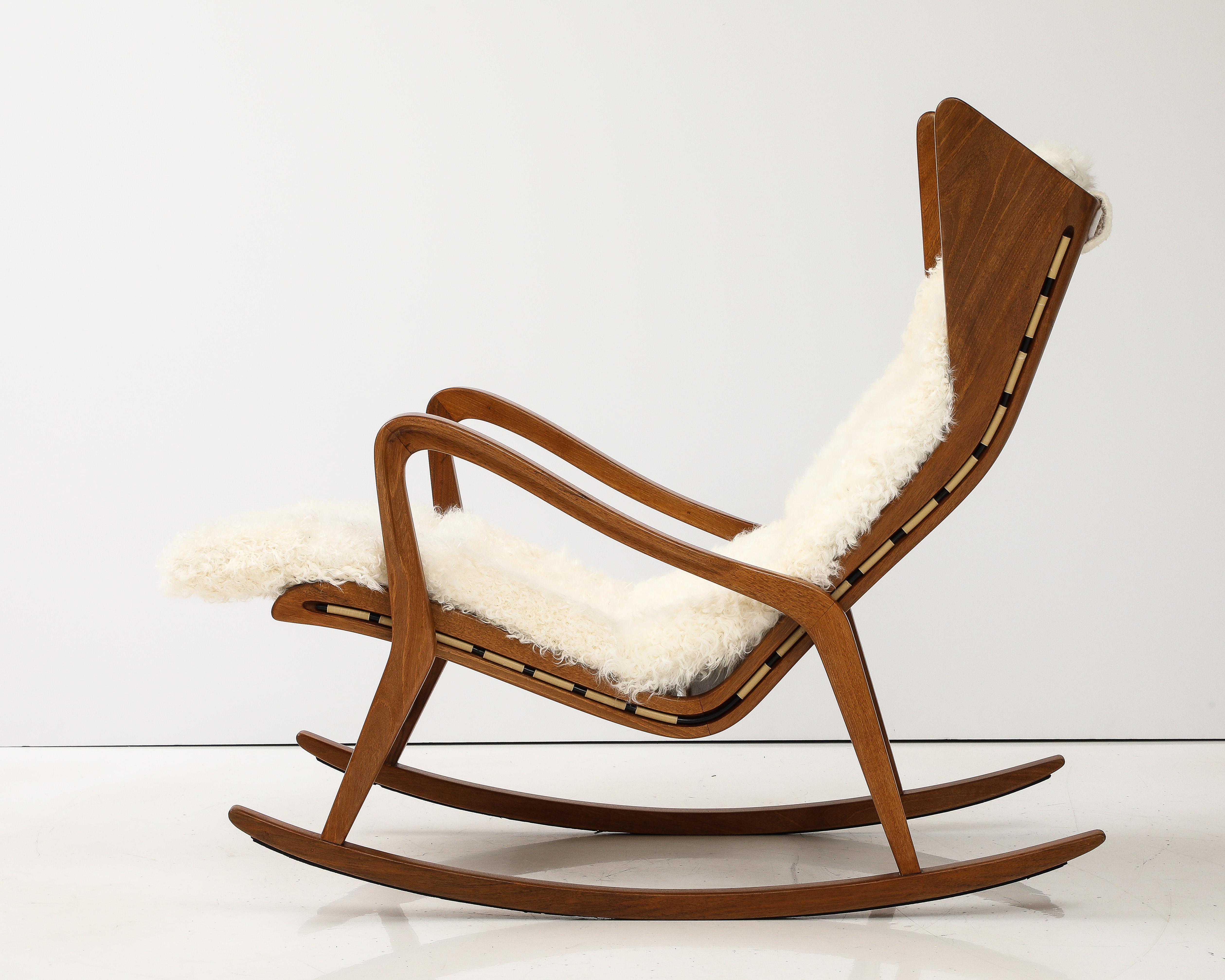 Cassina Walnut Rocking Lounge Chairs Model 572 in Ivory Kalgan Lambskin ...