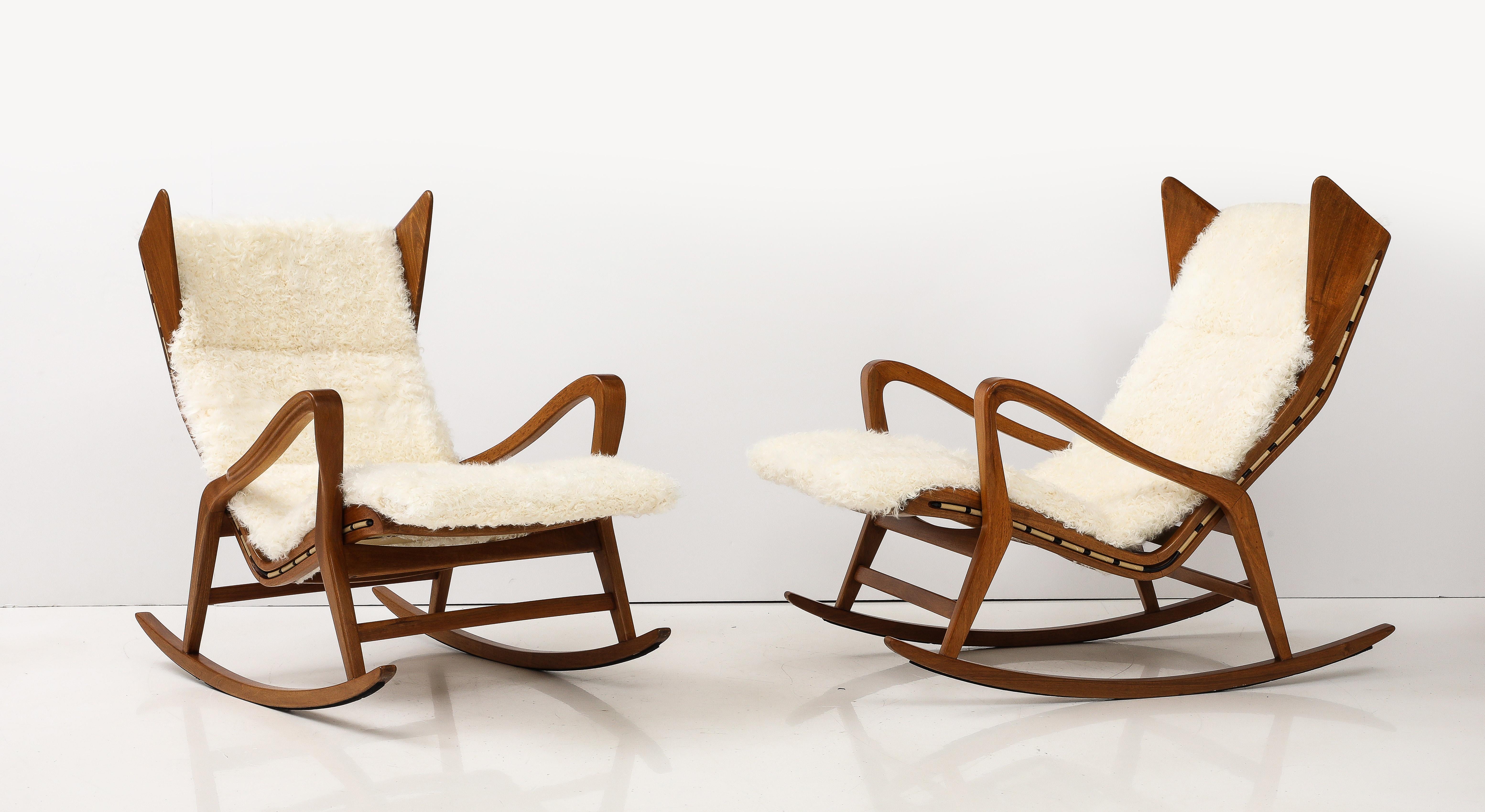 Cassina Walnut Rocking Lounge Chairs Model 572 in Ivory Kalgan Lambskin ...