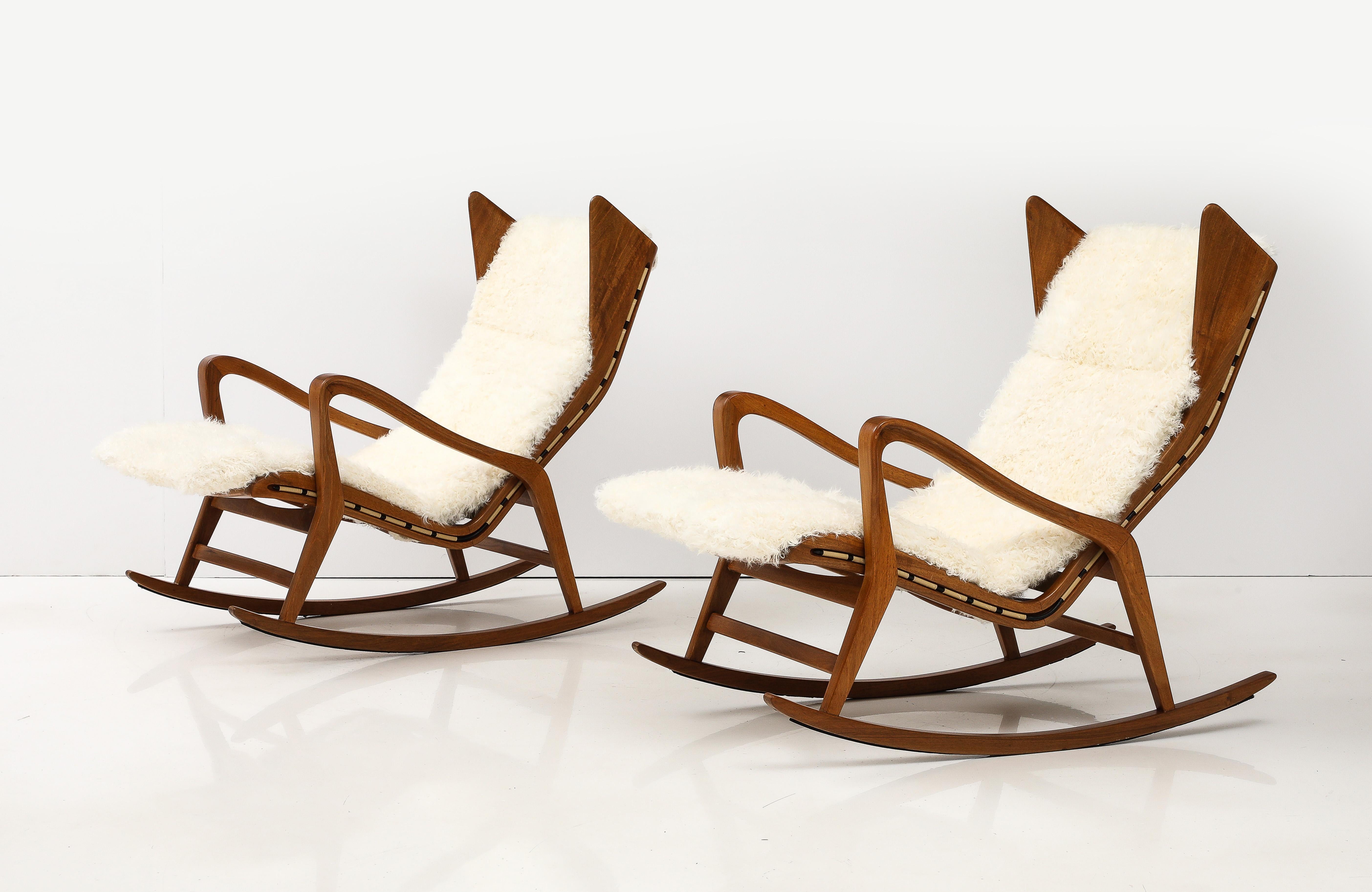 Cassina Walnut Rocking Lounge Chairs Model 572 in Ivory Kalgan Lambskin ...