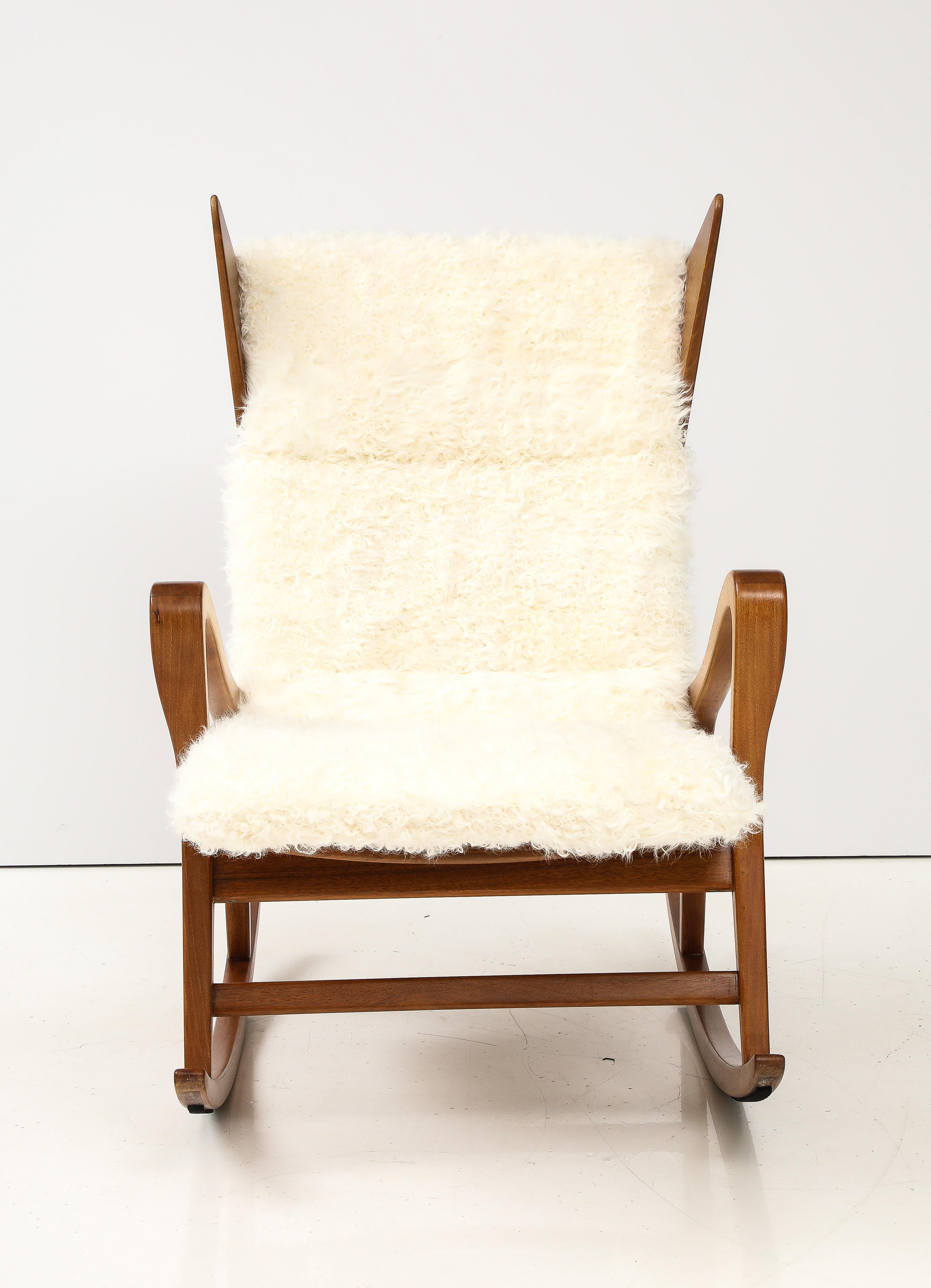 Cassina Walnut Rocking Lounge Chairs Model 572 in Ivory Kalgan Lambskin ...